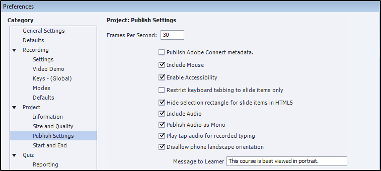 Setting project preferences in Adobe Captivate Classic